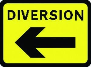 DIVERSION arrow left 1050 x 750mm temporary traffic sign - Stocksigns