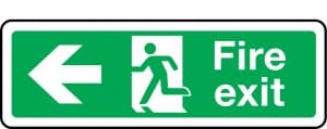 Fire escape route arrow horizontal double sided sign - Stocksigns